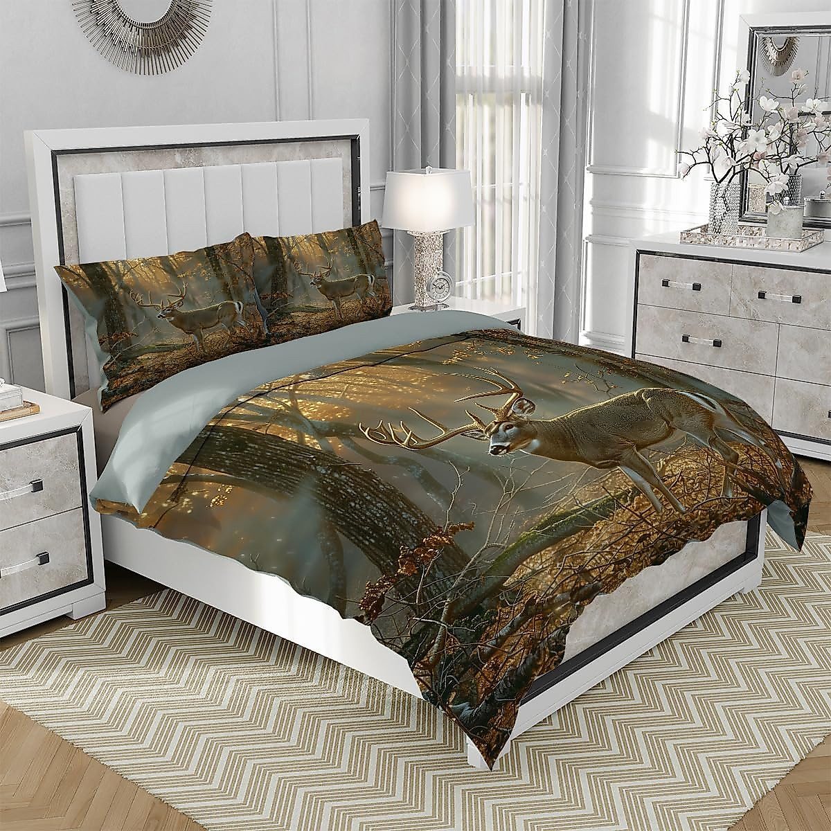 Whitetail Deer Duvet Cover Set King Size, Hunting Wildlife Autumn Nature Forest Bedding Set 3 Pieces Soft Microfiber Quilt Cover for Kids Boys Teens Bedroom Decor, Comforter Cover with 2 Pillowcase