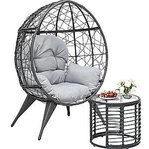 YITAHOME Egg Chair with Table Outdoor Egg Lounge Chair with Cushion Wicker Chair PE Rattan Chair Table Included for Patio, Garden, Backyard, Porch, Gray