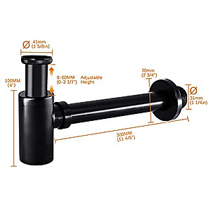 Matte Black Brass Bottle P Waste Trap Decorative Adjustable Height 1 1/4″Drain Pipe Tube Kit for Bathroom Vessel Sink Lavatory with Overflow (HM2020)
