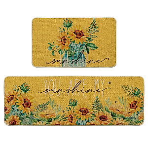 Artoid Mode Yellow Sunflowers Hello Sunshine Summer Kitchen Mats Set of 2, Seasonal Holiday Anniversary Holiday Decorations for Home Kitchen - 17x29 and 17x47 Inch