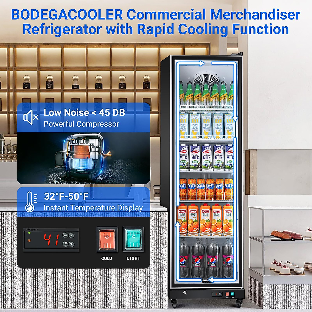 BODEGACOOLER Commercial Merchandiser Refrigerator,12.5 Cu.Ft Glass Door Display Refrigerator,Upright Commercial Beverage Display Cooler with Soft LED Light,Adjustable Shelves,Black