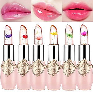 Petansy 6 Pack Crystal Jelly Flower Lipstick Set, Nutritious Temperature Change Lip Balm Long Lasting Moisturizer Lip Gloss Magic Color Change Lip Stick Set