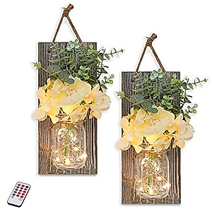 Mason Jar Sconces Home Design Wall Decor Remote Control Farmhouse Shabby Chic Living Room Kitchen Bedroom Bathroom Decoration with 6-Hour Timer LED Lights Flowers Silk Hydrangea Set of 2 Grey