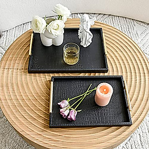 MACVAD Set of 2 Modern Elegant Large Wood Serving Tray, Black Crocodile Leather with Gold Polished Metal Handles, Rectangle Decorative Tray for Ottoman Coffee Table Living Room