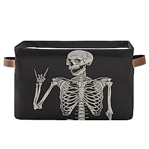 AUUXVA Human Skeleton Skull Storage Bins Basket, Day of The Dead Halloween Collapsible Storage Cube Rectangle Storage Box with Handles for Shelf Closet Nursery Bedroom Home Office 1 Pack