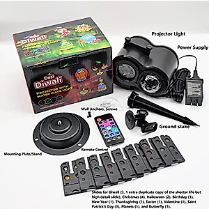Holiday Halloween Valentine Party Christmas Diwali Projector Light (Indoor Outdoor Waterproof), 16 Slides (4 Pictures Each), 10 Wave Effects, Remote Control (Power Timer Speed Flash), 3 Mounting Ways