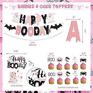 135 PCs Happy Boo Day Party Decorations, Fiesec Halloween Themed Pink and Black Birthday Party Decorations Backdrop Balloon Garland Spider Web Banner Tablecloth Cake Topper Little Ghost