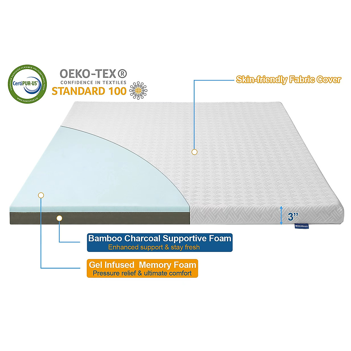 Bomdaia 3 Inch Gel Memory Foam Mattress Topper Full Size High Density Cooling Mattress Pad Pressure Relief Bed Topper for Back Pain, Bamboo Charcoal Foam Topper with Removable & Washable Cover