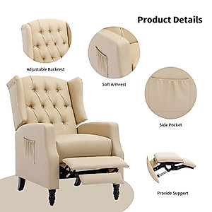 MOONMISS Modern Recliner Chairs Comfortable Lounge with Side Pockets Single Sofa Home Theater Seating for Living Room, Adjustable Back and Wooden Legs, PU Leather, Camel