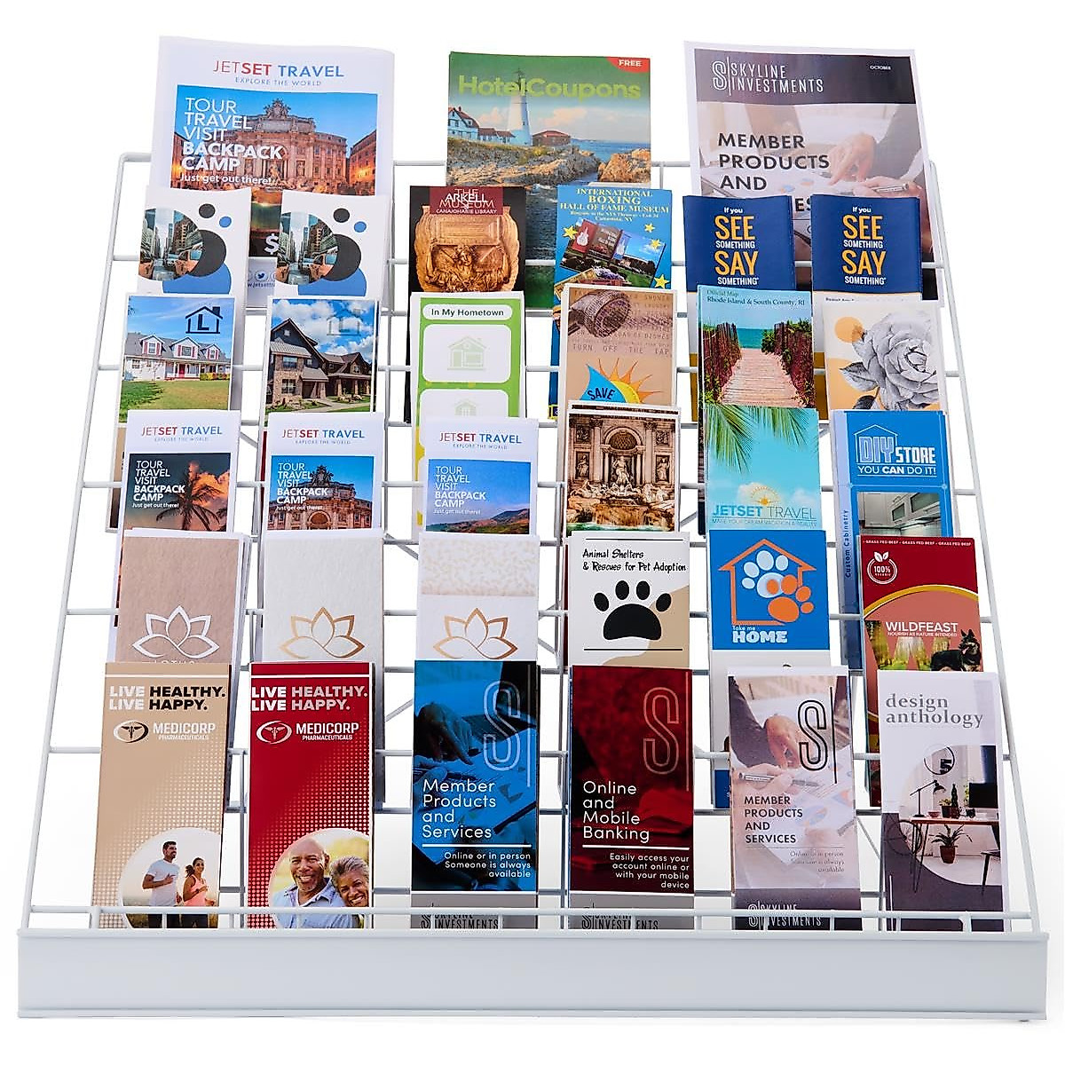 Displays2go 6-Tier Wire Countertop Rack for Literature, Open Shelving Accommodates a Variety of Items, Small Sign Channel - White