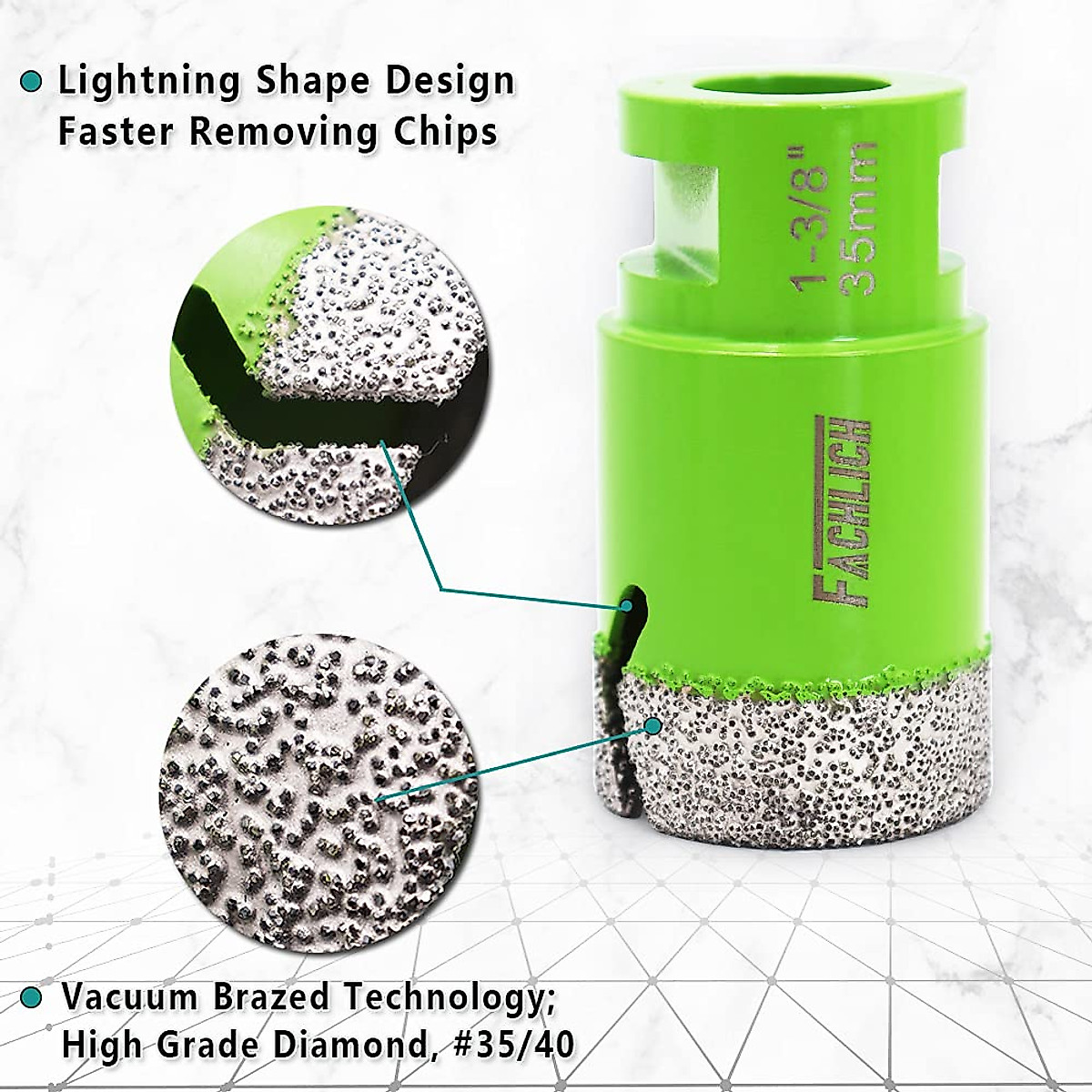 FACHLICH Diamond Core Drill Bits 1-3/8" 35mm 5/8-11 Thread Plus Adapter 5/8"-11 Male to 3/8" Hex Shank,Tile Hole Saws for Porcelain Tile,Granite,Marble,Concrete,Masonry