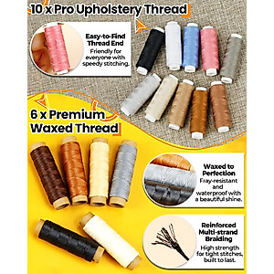 【Upgraded】Leather Upholstery Repair Kit: PLANTIONAL 60pcs Sewing Kit with Waxed and Upholstery Thread, Large-Eye Needle, 3 Sewing Awl, Heavy Duty Sewing Kit for Car Carpet Sofa Shoe Backpack Craft DIY