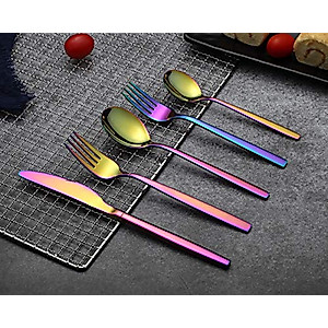 HOMQUEN Silverware Set 40 Pieces, Stainless Steel Colorful Flatware Set, Titanium Plating Rainbow Cutlery Set, Rainbow Utensil Sets Service Set for 8 (Shiny Rainbow)