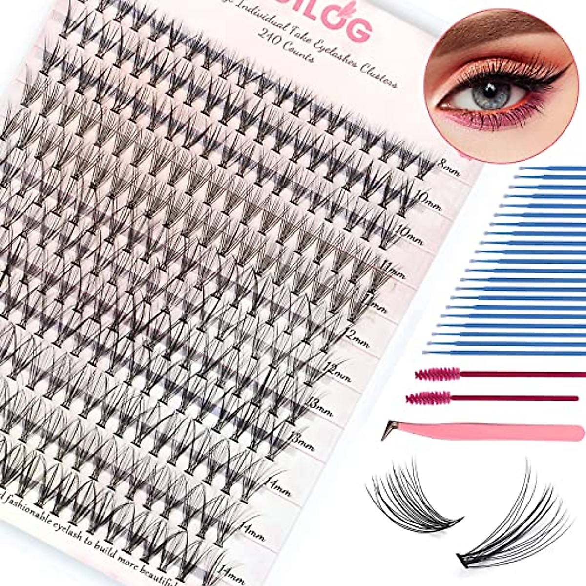 Cluster Lashes BUILOG Individual Eyelash Clusters 240Pcs 20D, False Eyelash DIY Lash Clusters Extension with Tweezer, Microbrush Stick, Mascara Wands Brush (Mix10-14mm)