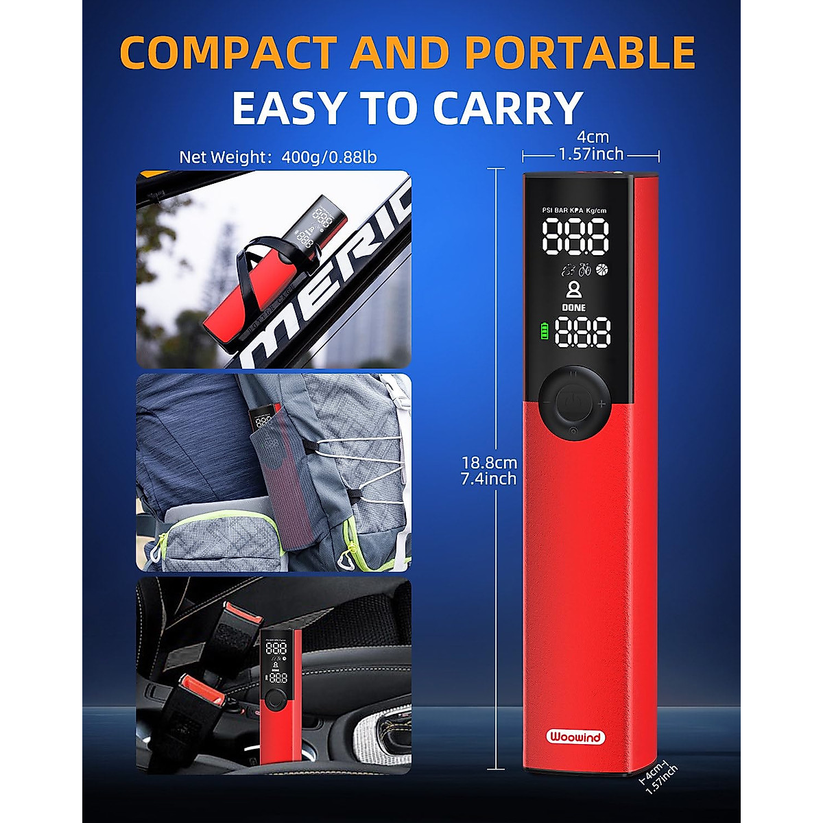 Bike Pump, The Pro Electric Bicycle Pump - Woowind BP188 Tire Inflator Portable Air Compressor with Schrader, Presta and Dunlop Valve Adapters - 150PSI (Red)
