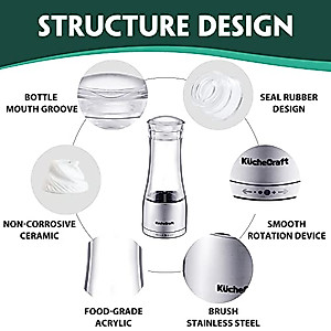 Salt and Pepper Grinder Set - KucheCraft Intuitive Salt Grinder & Pepper Grinder Refillable - Stainless Steel Manual Salt and Pepper Mill with Aroma Sealable Cap - Up to 5 Preset Grind Sizes