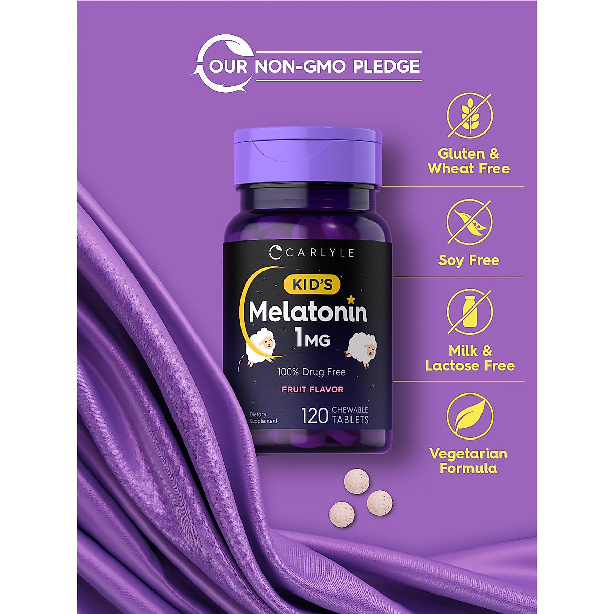 Carlyle Kids Melatonin 1mg | 120 Chewable Tablets | Fruit Flavor | Vegetarian Supplement | Non-GMO, Gluten Free Formula