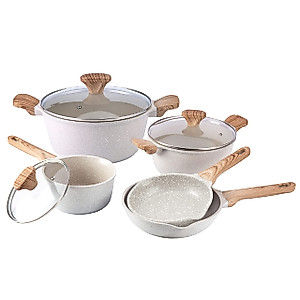 Country Kitchen Nonstick Induction Cookware Sets - 8 Piece Nonstick Cast Aluminum Pots and Pans with BAKELITE Handles - Non-Toxic Pots and Pans- Speckled Cream with Light Wood Handles