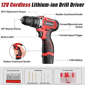 Home Tool Set with Power Drill, 85 Piece Electric Drill Kit with 12V Cordless Drill Driver, Household Tool Kit for All Purpose, Drill Sets Combo Kit with Tool Case for DIY Project and House Repair