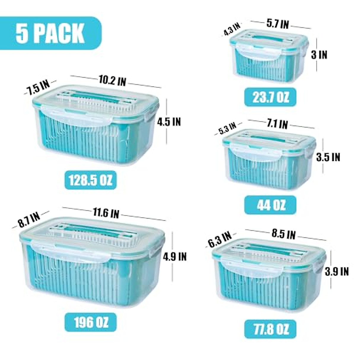 KIGI 5 PACK 204L Vegetable Fruit Storage Containers Set with Drain Basket and Lids for Salad Berry Lettuce Meat Fish