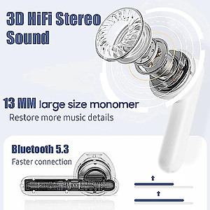 TOPFREE Wireless Earbuds Bluetooth 5.3 Headphones with Charging Case HiFi Stereo Sound in-Ear Earphones Built-in Mic IPX7 Waterproof Touch Control Ear Bud Auto Pairing Noise Cancelling Headset