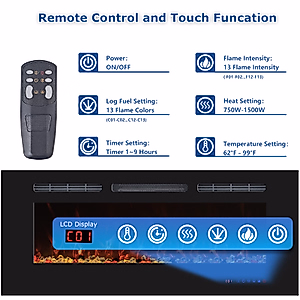 PRISMFLAME 30 inch Electric Fireplace, Wall Mounted Recessed Electric Fireplace Insert, Fireplace Heater with Timer, Remote Control, Adjustable 13 Flame Combinations, 750w/1500w