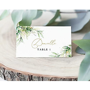 Wedding Place Cards Table, 50 Pack, 2 x 3.5 inch, Gold & Greenery Place Cards for Weddings, Premium Eucalyptus Wedding Name Place Cards for Table Setting, Easy Folding Matte Finish Placecards Wedding
