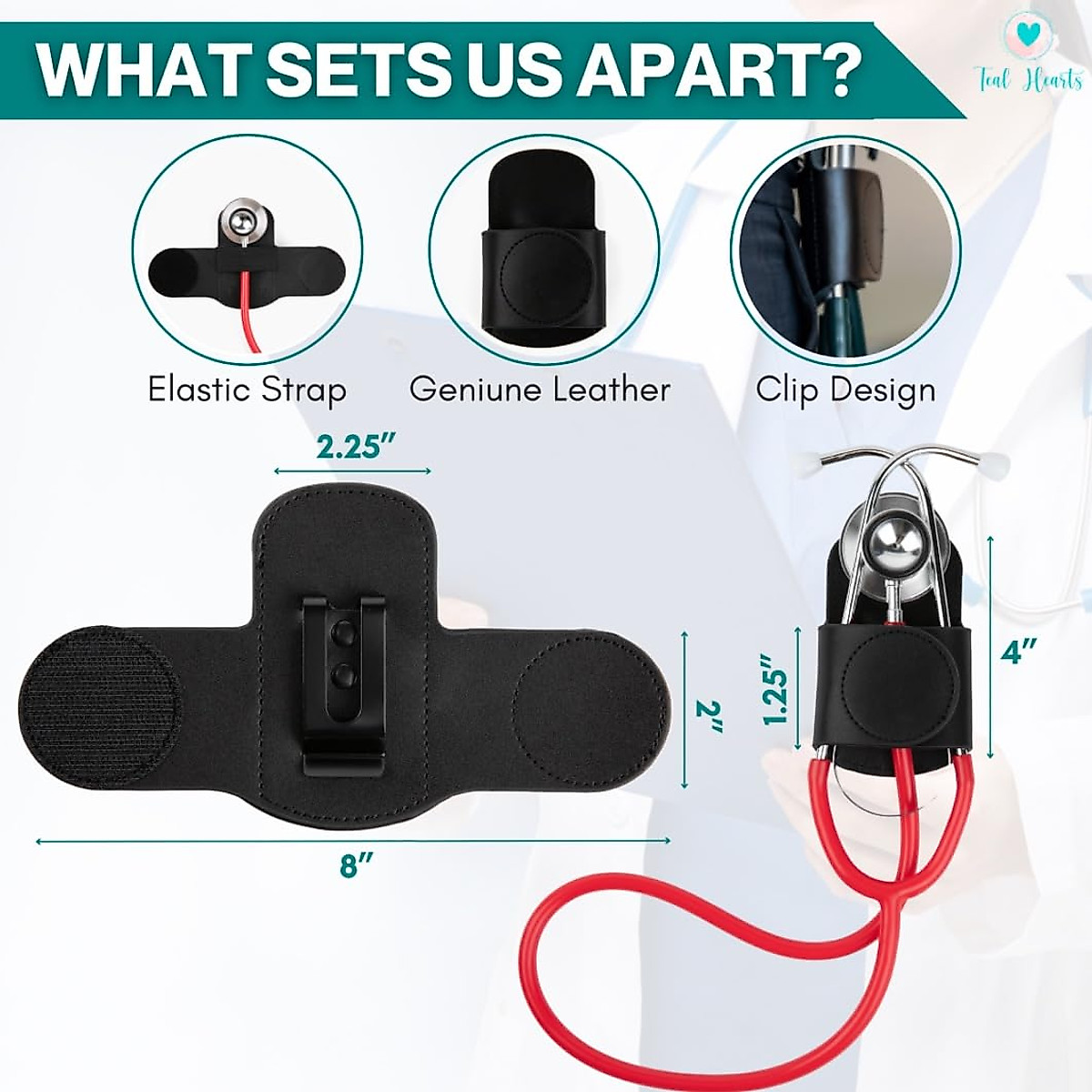 Stethoscope Holder Hip Clip | Genuine Leather Elastic Strap Stethoscope Clip for Nurses, Doctors, & More | Black Stethoscope Cover Sleeve | Stethoscope Case | Stethoscope Accessories