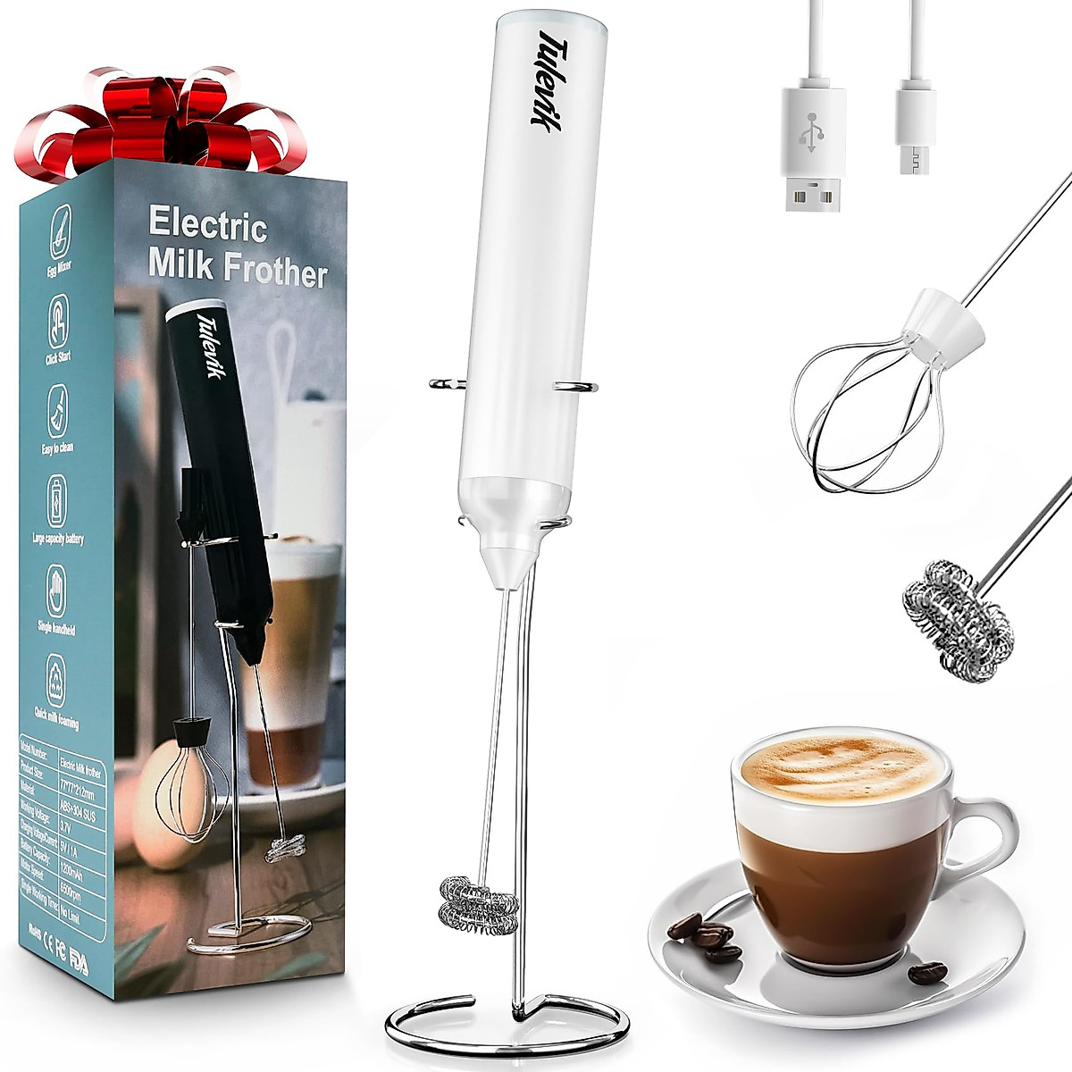 Tulevik Milk Frother Handheld, Electric Frother Wand With Stand, Coffee Frother With USB Rechargeable 3 Speeds, Mini Frother for Coffee Latte, Cappuccino, Hot Chocolate, Matcha, Egg - White
