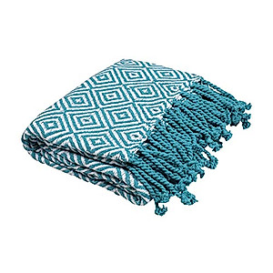 Throw Blanket With Fringes In Diamond Design 50x60 Inch - Teal White Cotton Throw For Sofa, Chair, Bed, & Everyday Use, Well crafted for durability, Farmhouse Throw,All Season Throw Blanket