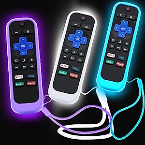 3Pack Case for Roku Remote, Cover for TCL Roku TV Steaming Stick/Hisense/Express Replacement Controller Universal Silicone Sleeve Skin Glow in The Dark Purple Blue White