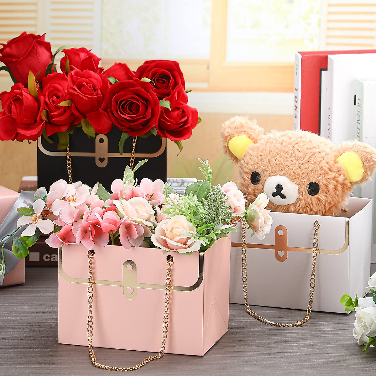 Lincia 12 Pcs Paper Flower Gift Bags Wedding Bouquet Flower Box with Handle Flower Boxes for Arrangements Gift Wrapping Bags Florist Handbag for Gift Wedding Baby Shower Party (Black, White, Pink)
