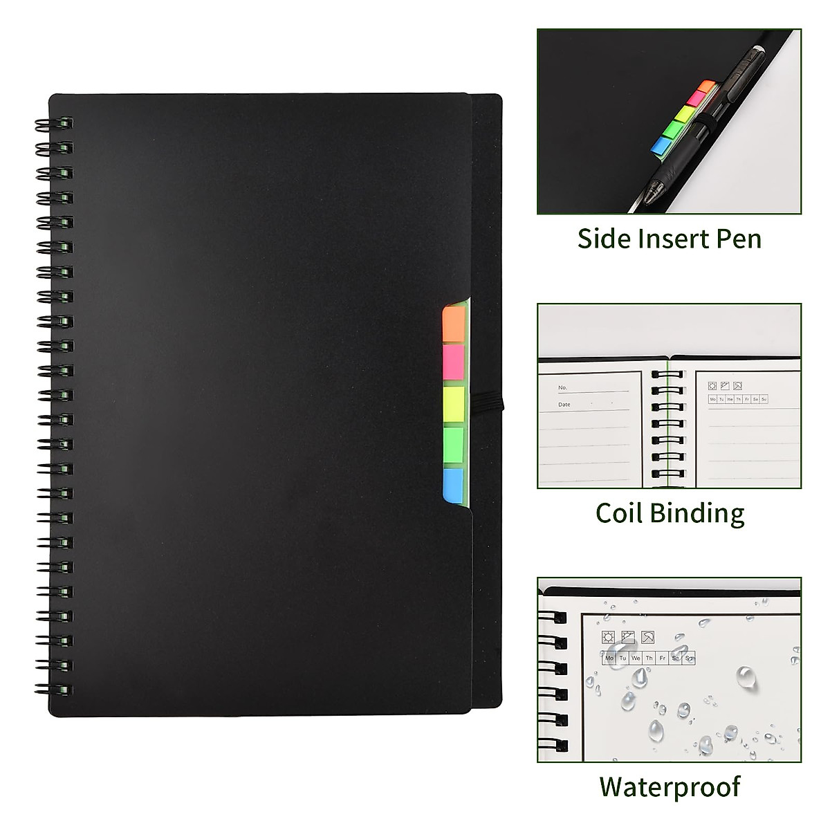 A5 Black Reusable Digital Notepad Eco Friendly Spiral Notebook with Erasable Pen, Sticky Notes and Microfibre Cloth