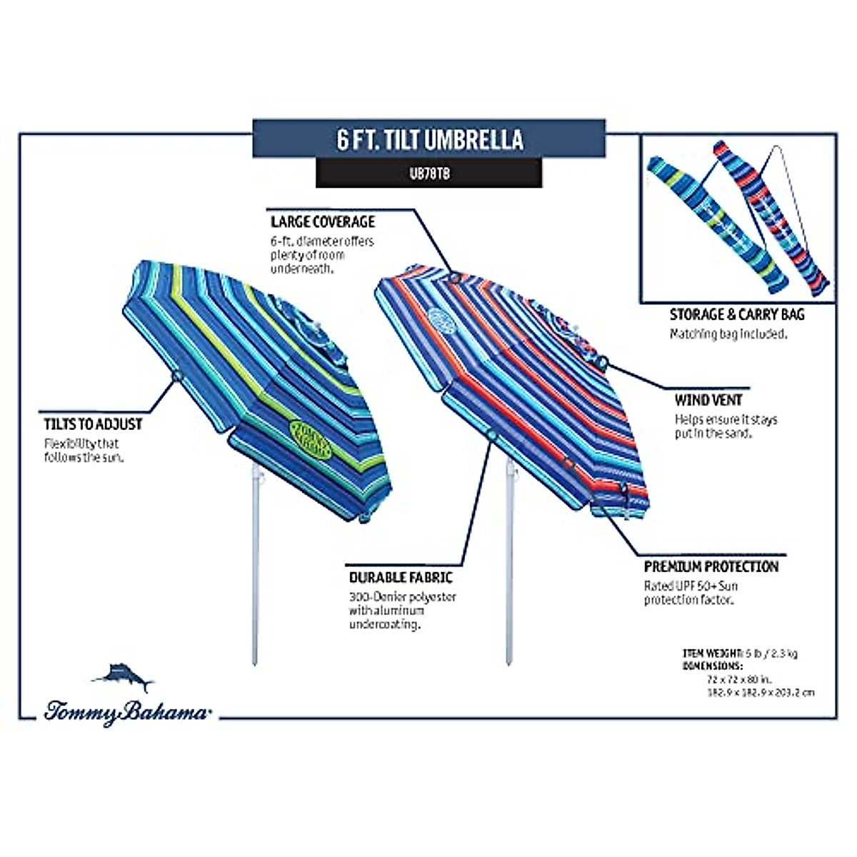 Tommy Bahama 6' UPF 50+ Tilt Beach Umbrella with Wind Vent