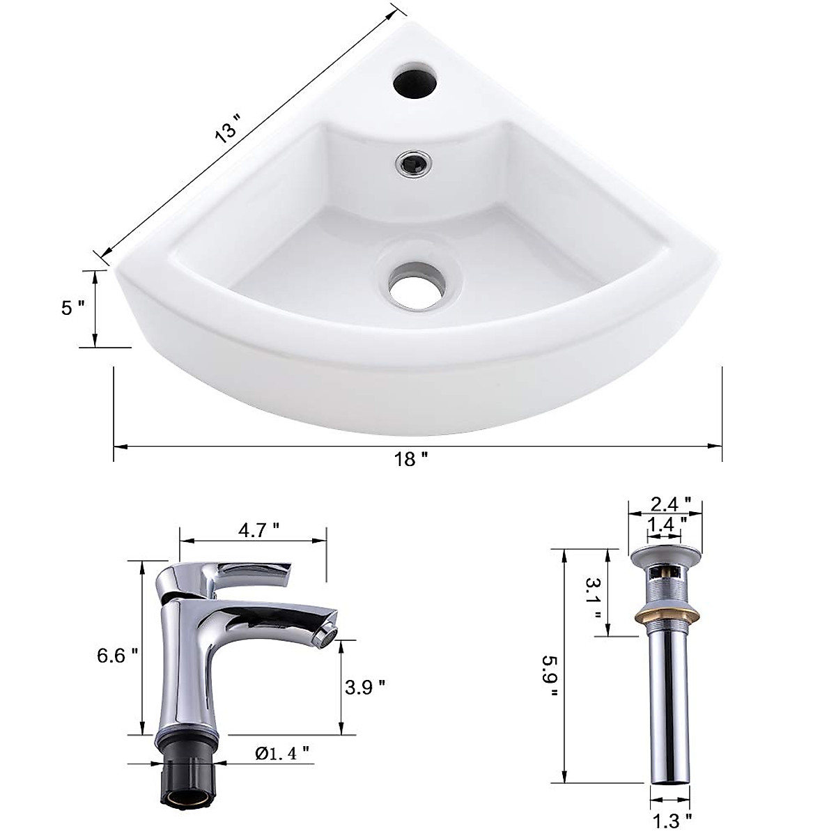 Wall Mount Small Corner Bathroom Sink and Faucet Combo with Overflow Triangle White Porcelain Ceramic Wall Hung Mini Vanity Space Bathroom sink, Faucet and Drain Combo