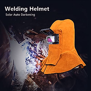 Leather Welding Mask, Leather Welder Hood Leather Mask Welder Helmet with Auto Darkening Filter Lens, Work Cap Welding Helmet, Yellow (Full Face+Neck Shoulder Coverage)