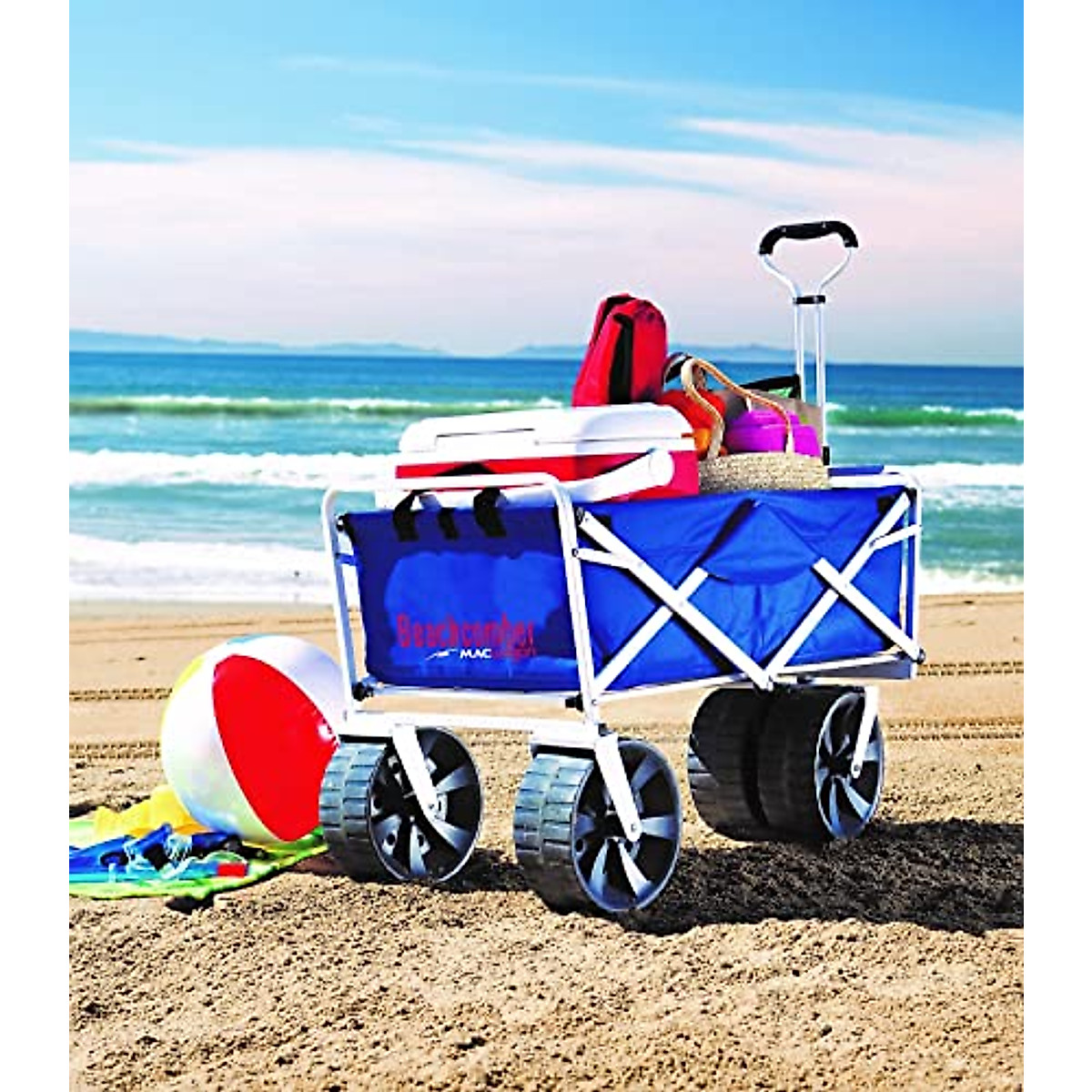 Mac Sports Heavy Duty Collapsible Folding All Terrain Utility Beach Wagon Cart, Blue/White