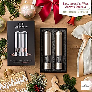 Electric Salt and Pepper Grinder Set - Battery Operated Stainless Steel Mill with Light (2 Mills) - Automatic One Handed Operation - Electronic Adjustable Shakers - Ceramic Grinders