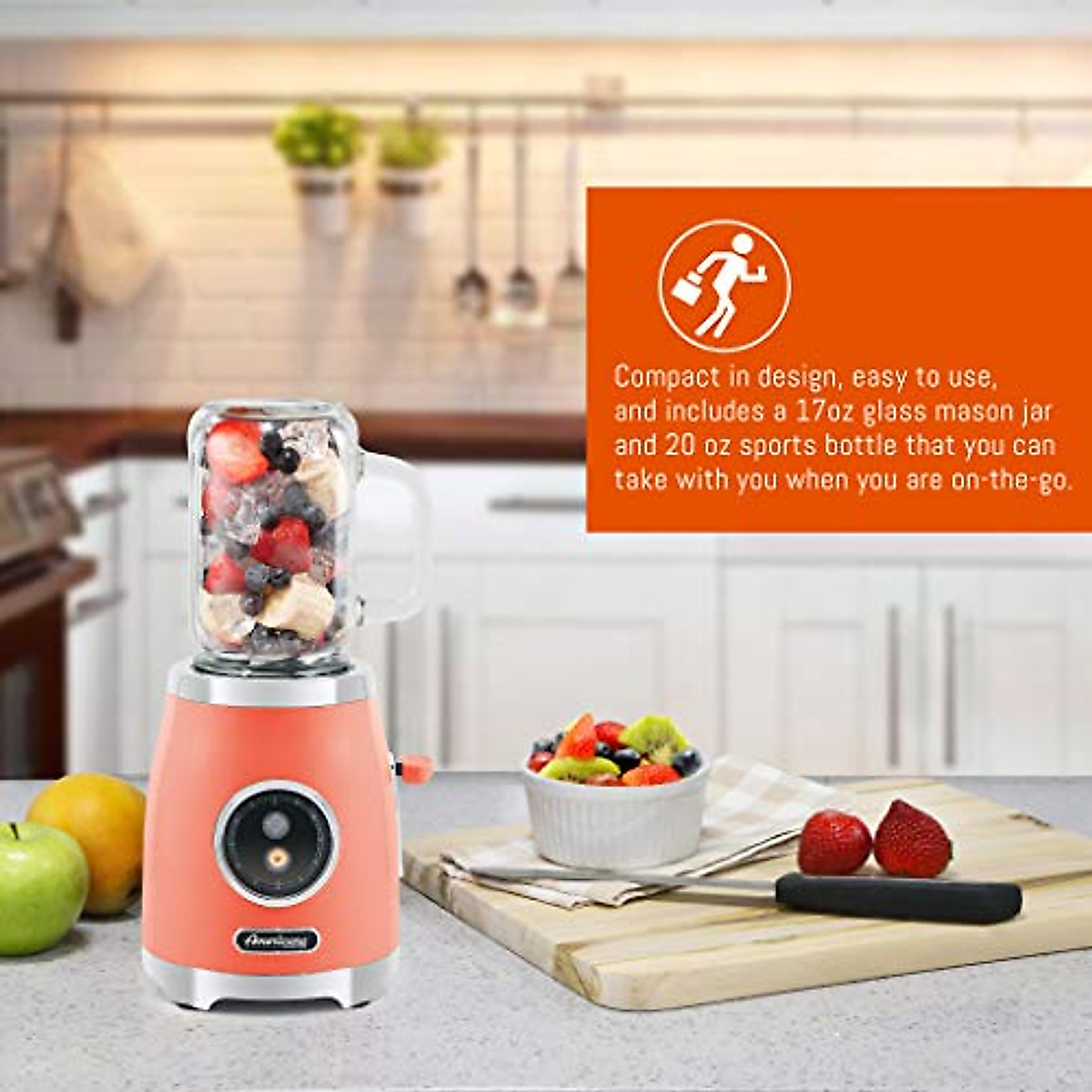 Americana EPB399C BPA Free Glass Blending Jar and Tritan Sports Bottle Blend Personal Smoothie, Crush Ice, Shakes, Keto Protein Blender, 2 Cups, 300 Watts, Coral