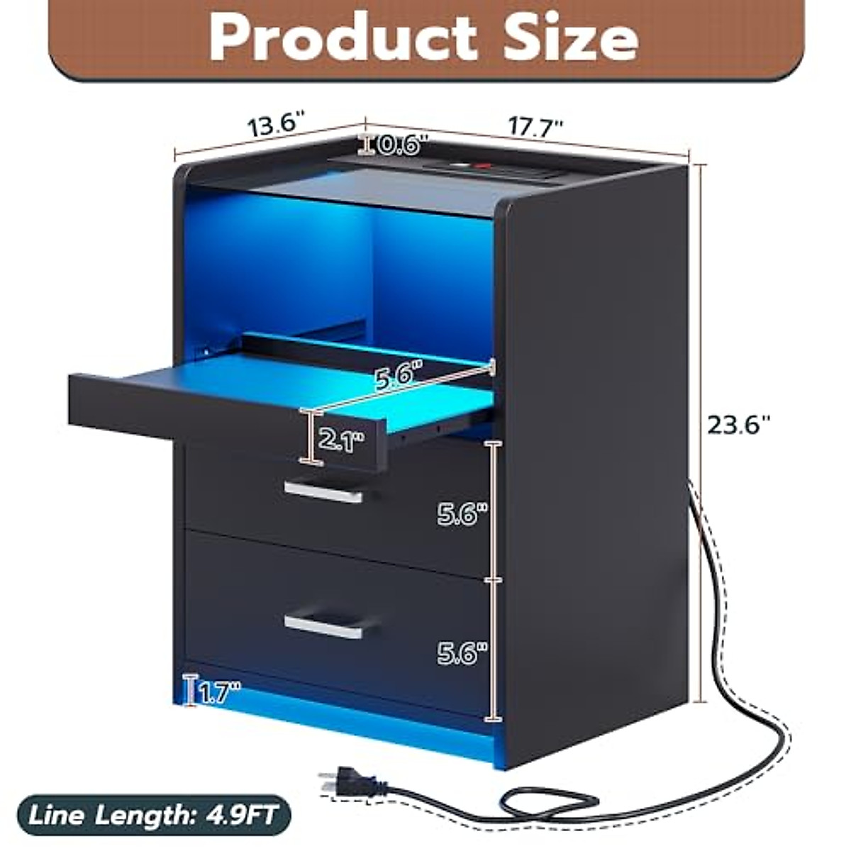 VIAGDO Nightstand with Charging Station and LED Lights, Black Night Stand with Glass Top and Storage Drawers, End Side Tables with Pull-Out Tray and USB Ports, Modern Bedside Tables for Bedroom