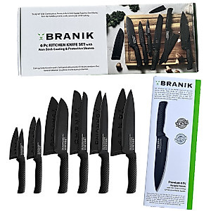 BRANIK 6Pc Black Kitchen Knife Set with Protective Sheaths & Giftbox, Premium German Steel with Special Non-Stick Coating making them Dishwasher Safe. Sharp black knives set for kitchen Knife set.