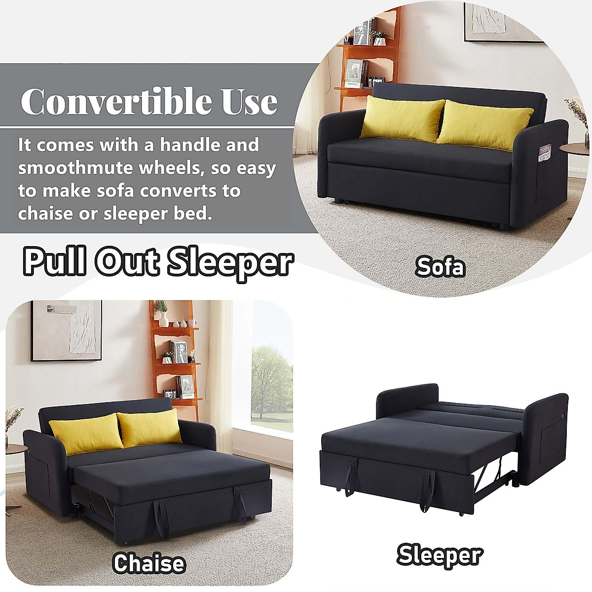 SumKea 55.5'' Pull Out Couch, 3-in-1 Sleeper Loveseat Convertible Bed with USB, Adjustable Backrest, Pillows, Side Pocket, Fabric Sofa Bed for Living Room, Office, Black