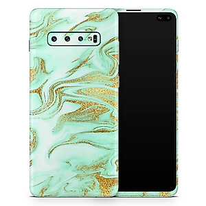 DesignSkinz Mint Marble & Digital Gold Foil V4 Protective Vinyl Decal Wrap Skin Cover Compatible with The Samsung Galaxy S20 (Screen Trim & Back Glass Skin)