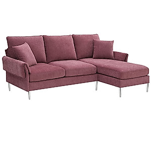 KoiHome 84" Convertible Sectional 2 Pillows, Modern Chenille L-Shaped Couch with Reversible Chaise Lounge, 3-Seater Sleeper Sofa, Fit for Living Room,Office,Apartment, Polyester, Pink