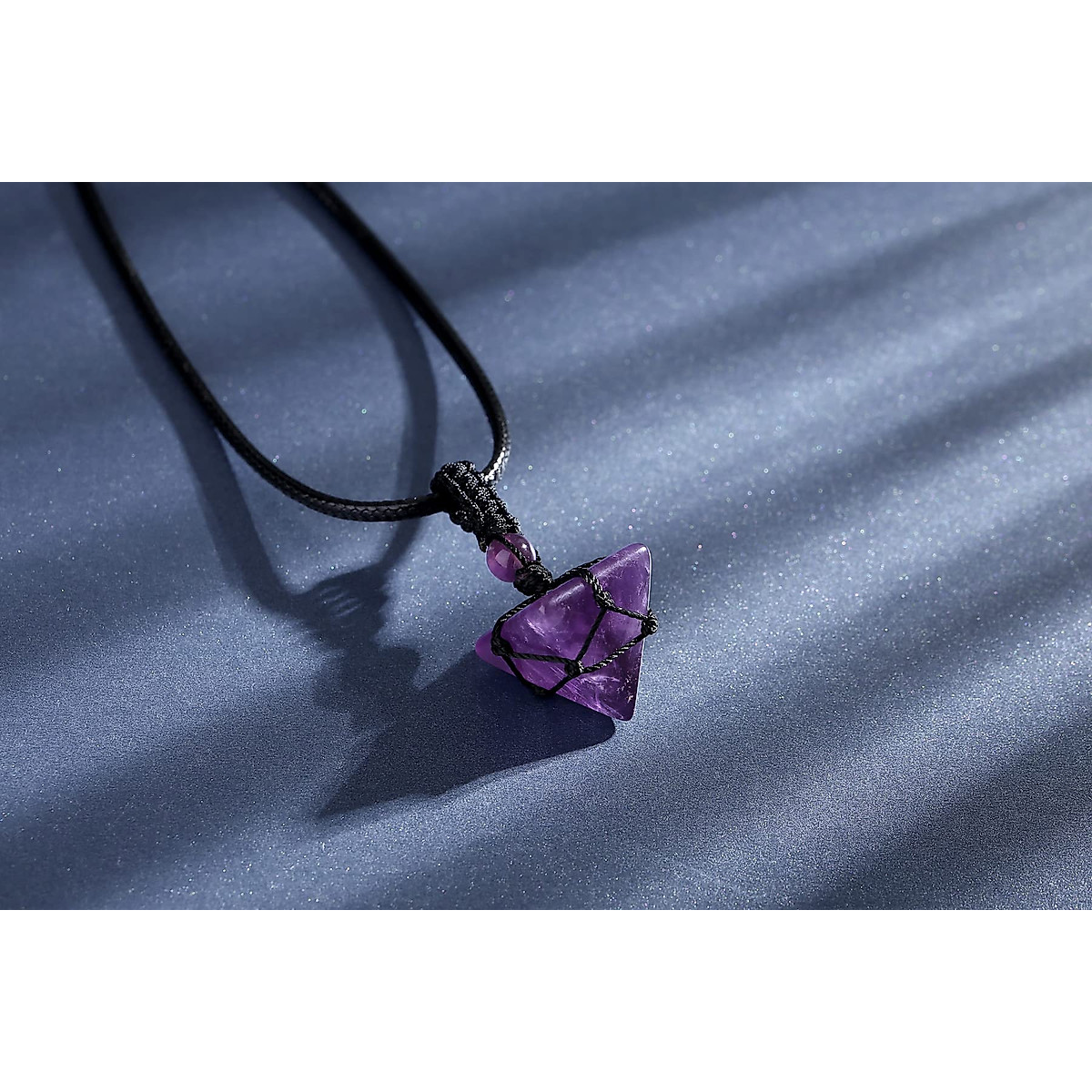 YATOJUZI Amethyst Healing Crystal Necklace Pointed Pendant Necklaces Adjustable Rope Natural Pyramid Gemstone Stone Necklace Reiki Quartz Jewelry for Women Men