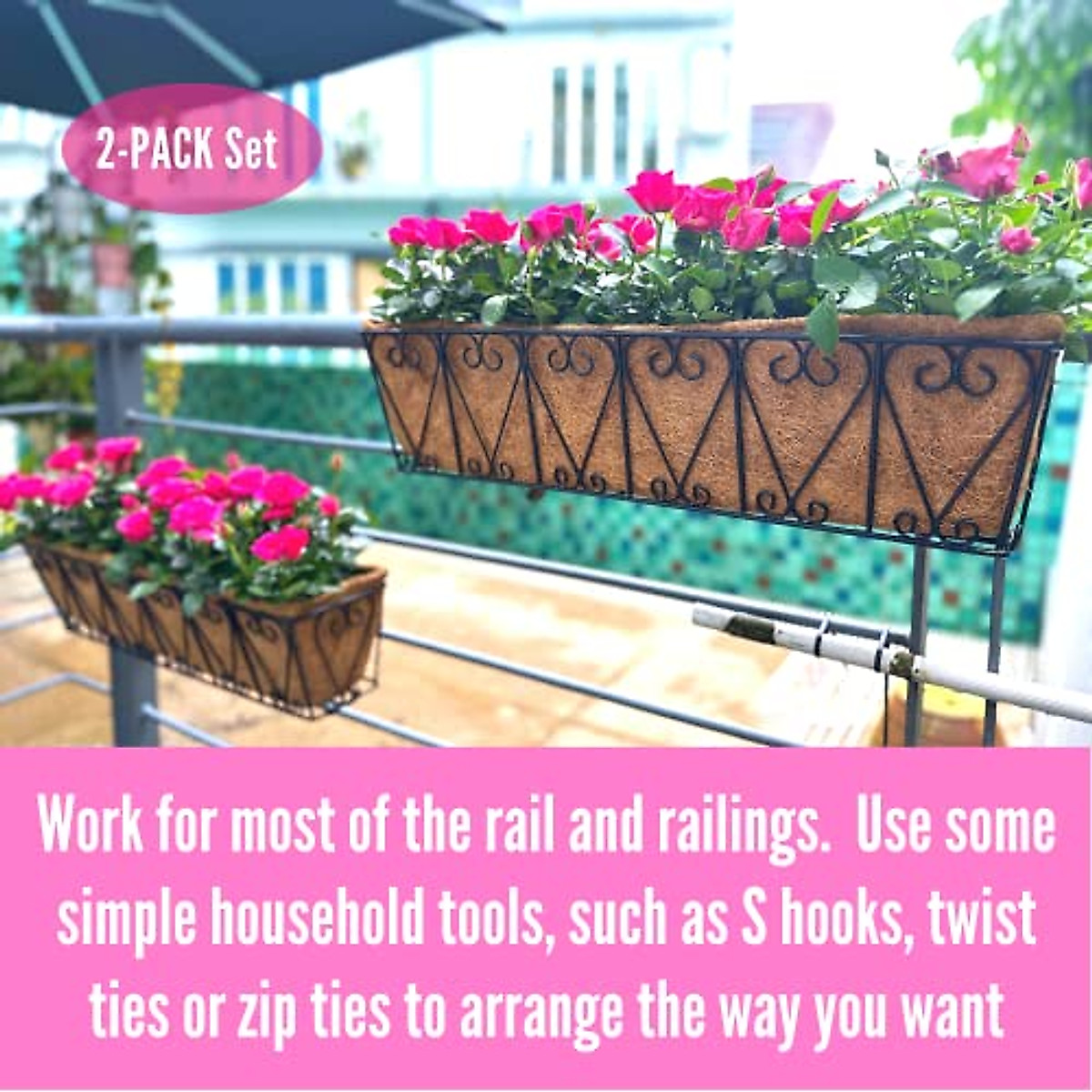 LaLaGreen Wall Hanging Planters - 2 Pack, 30 Inch Deck Railing Hanging Pot, Over the Rail Flower Boxes Black Window Plant Basket Attach to House Outdoor with Coco Liner Metal Fence Balcony Patio Porch