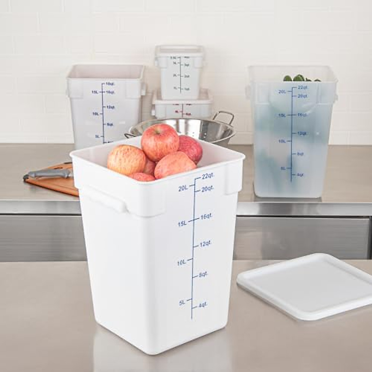 Restaurantware - Met Lux 22 Quart Food Storage Container, 1 White Storage Container - Lids Sold Separately, Blue Volume Markers, Dishwashable Container, Side Handles, For Storing Foods