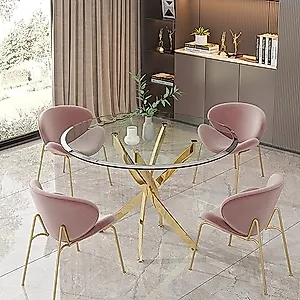39" Round Dining Table for 6, Glass Kitchen & Dining Room Tables, Modern Circle Dining Room Table with 0.39" Tempered Glass Tabletop and Cross Stainless Steel Legs for Dinner Small Spaces (Gold Leg)