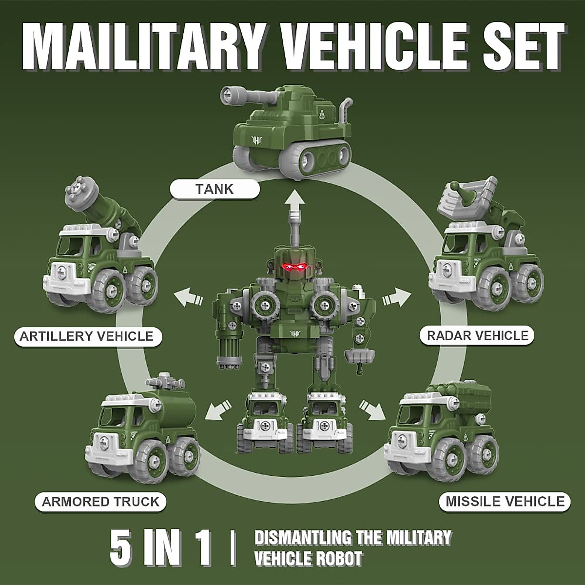 FXIZON STEM Take Apart Robot Construction Toys for Boys, 5 in 1 Military Vehicles Transform Toys Robot for Kids 3-5, Construction Building Truck Toys Gift for Toddlers Kids Boys Girls Ages 4-8