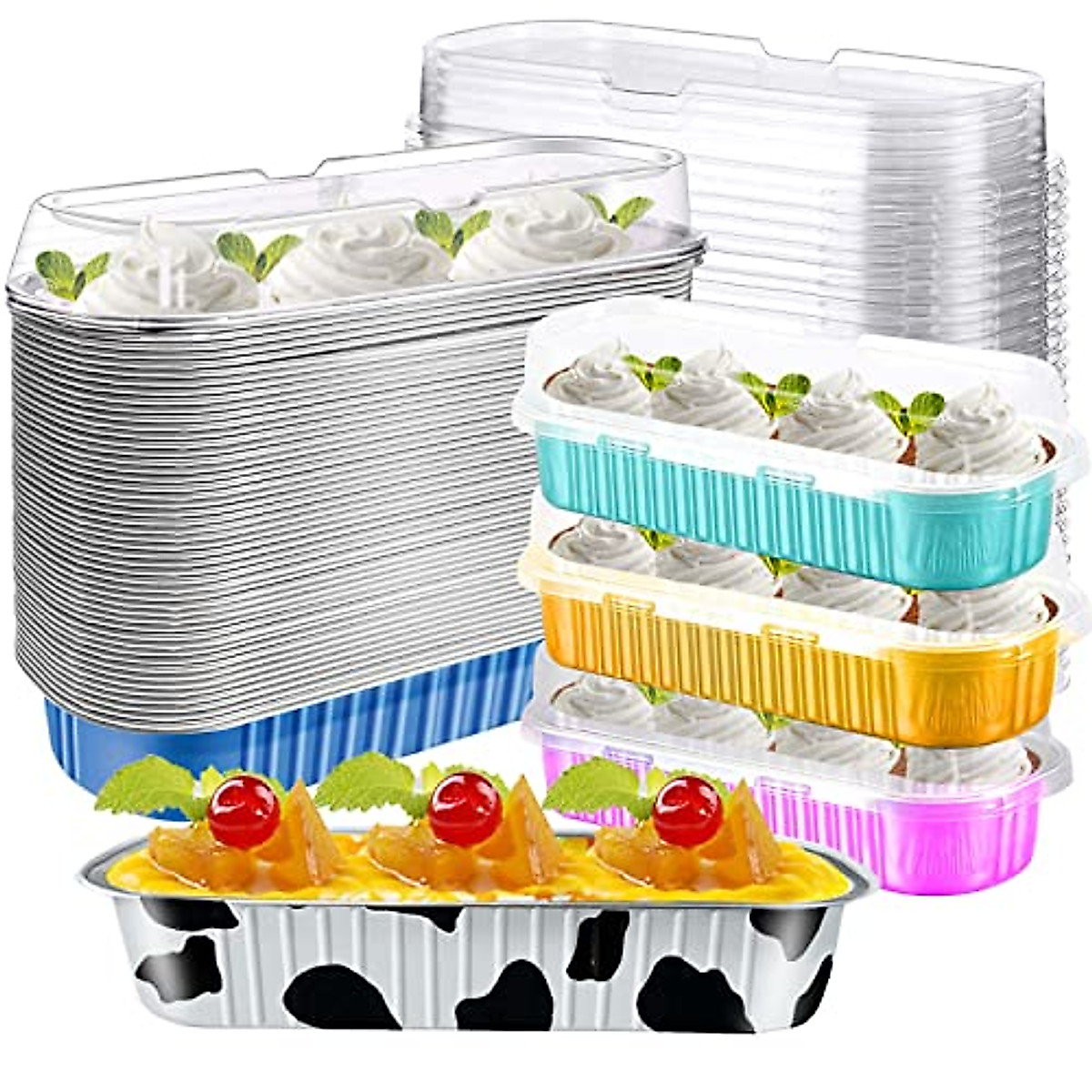 JOYKLE Mini Cake Pans with Lids,50 Pack Mini Loaf Baking Pans and Lids Covers,Aluminum Foil Long Baking Cups,Disposable Foil Cupcake Liners for Brownie Cake Bread Loaf Muffin (Multi)